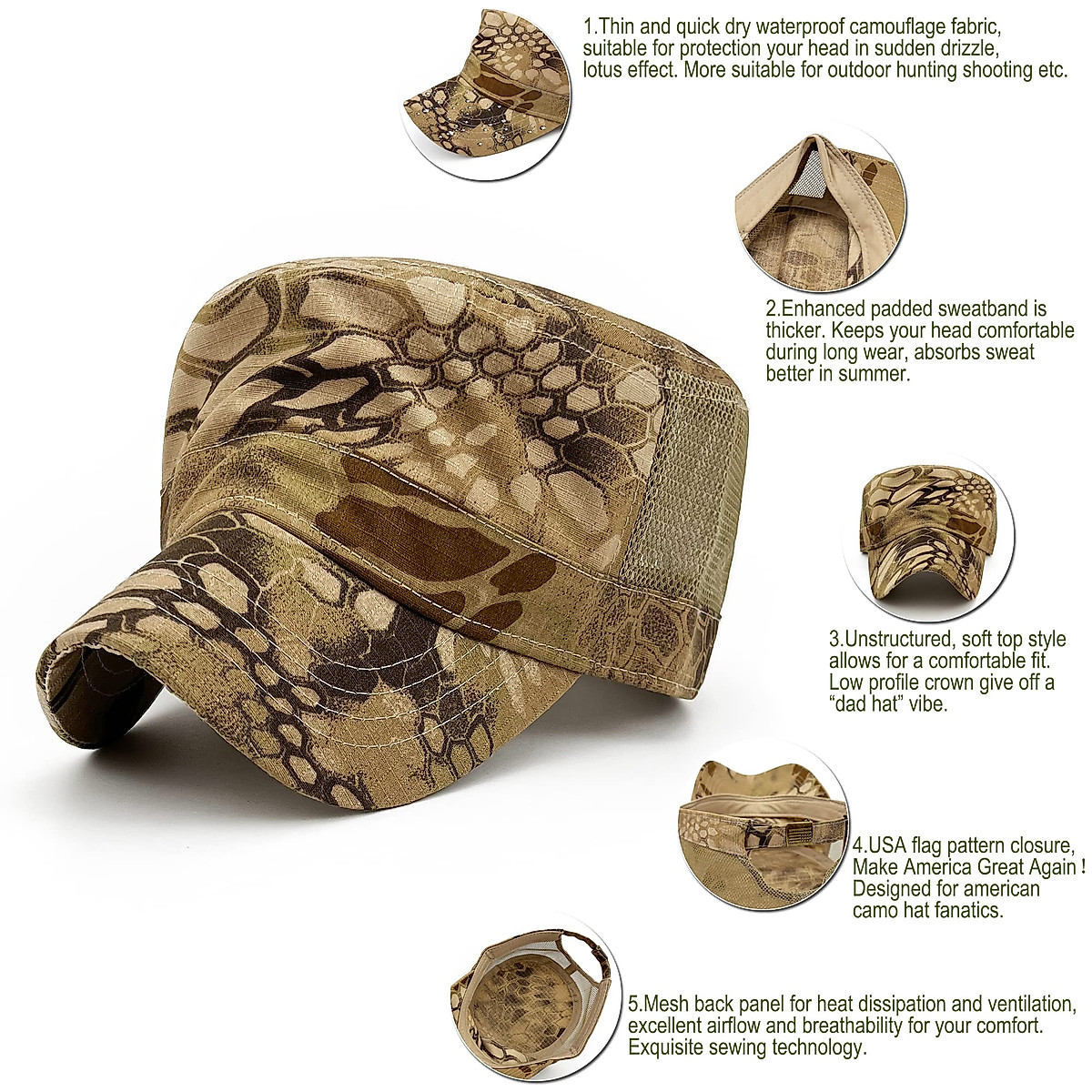Loneshark Camo Army Cap Cadet Army Cap Basic Everyday Military Style Hat Men Women's Military Cadet Cap Hat US Military Cadet Hat Patrol Hat Rank OCP Cadet Cap Waterproof Adjustable Desert Highland