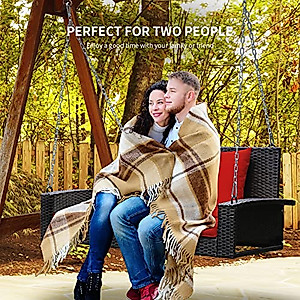 RELAX4LIFE Porch Swing 2-Seat Patio Rattan, Wicker Porch Swings Outdoor W/ Two 7.9 Ft Solid Steel Chain, Comfortable Back & Seat Cushions, for Front Porch, Garden, Backyard Patio Swing (Red)