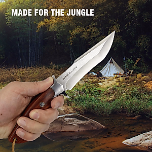 QIXENIO M390 Steel Handmade Hunting Knife, Fixed Blade Full-Tang with Leather Sheath, Red Wood Non-Slip Handle - Survival, Tactical, Camping knives