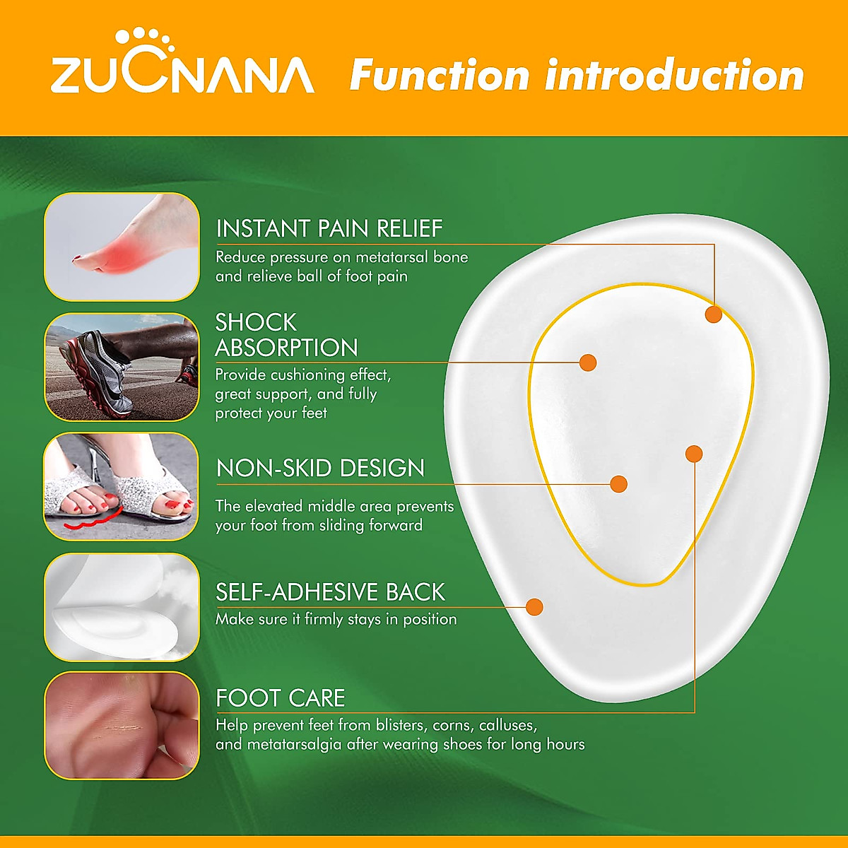 ZUCNANA Metatarsal Pads for Women (12 Pieces) | Ball of Foot Cushions for Women High Heels | Soft Gel Shoe Inserts for Foot Pain Relief from Mortons Neuroma and Callus | Anti-Slip One Size Fits Any