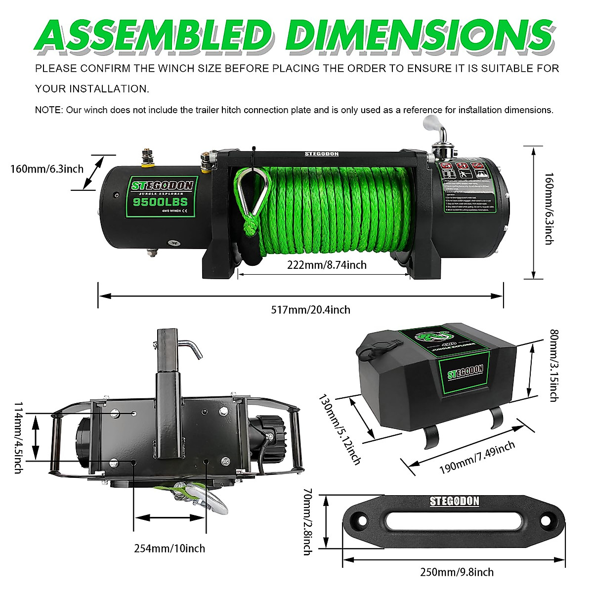 STEGODON New 9500 lb. Load Capacity Electric Winch S2,12V Waterproof IP67 Electric Winch with Hawse Fairlead, Synthetic Rope Winch with Wireless Handheld Remote and Wired Handle