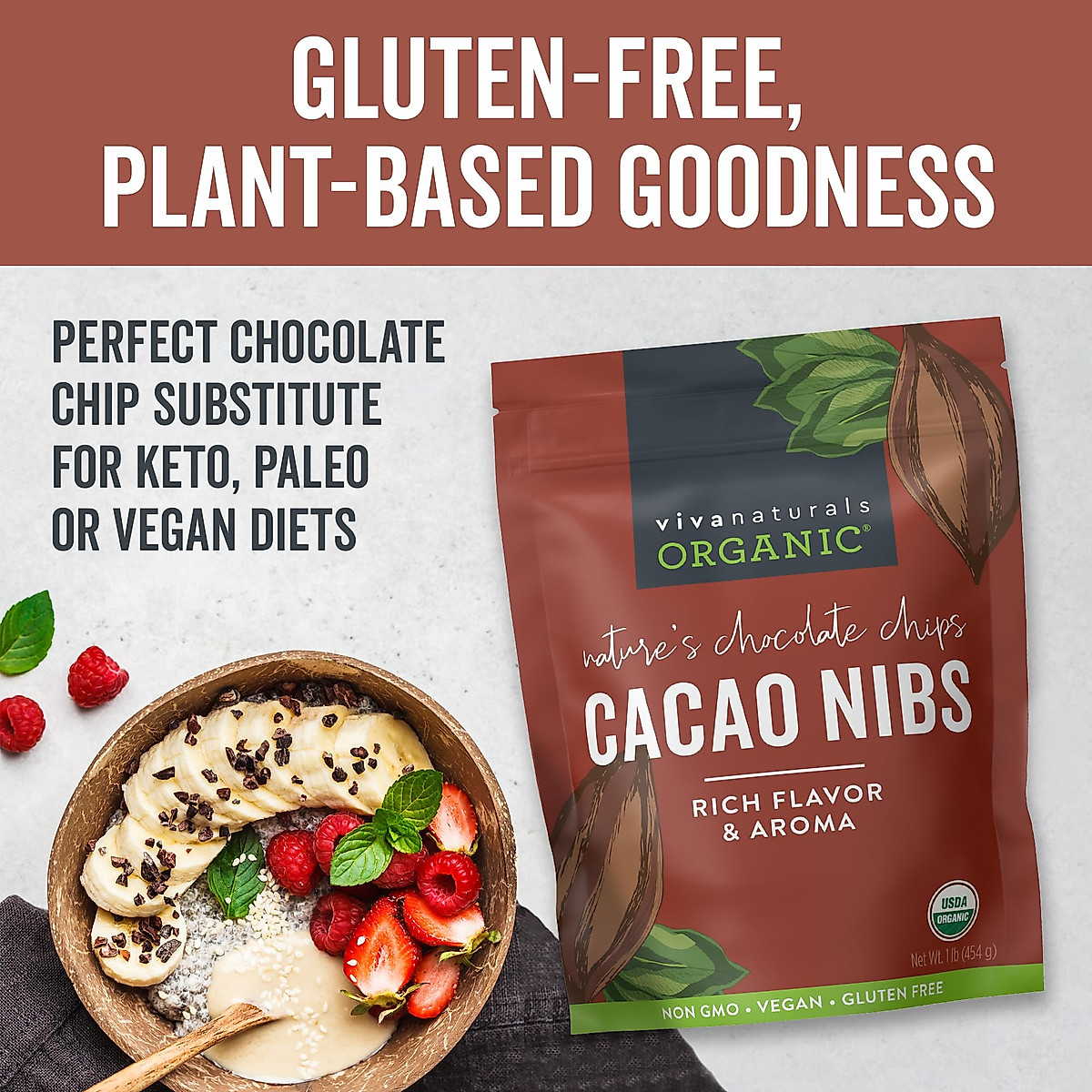 Viva Naturals Organic Cacao Nibs, 1 Lb - Certified Keto and Vegan Superfood, Perfect for Gluten Free Baking, Cacao Nib Smoothies and Healthy Snacks, Premium Criollo Beans, Non-GMO