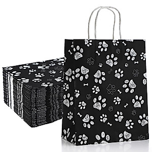Locmeo 50 Pcs Puppy Dog Paw Print Gift Bags with Paper Twist Handles 10.6x 8.3 x 4.3 Inch Kraft Dog Treat Paper Bags Dog Paw Print Goodie Bags for Pet Treat Party Favor Birthday Gift (Black)