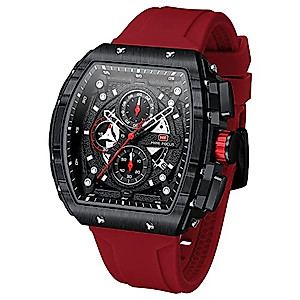 AIMES Watches for Men Fashion Hollow Tonneau Large Face Watches for Men Rectangle Luxury Work Big Dial Mens Watches Cool Analog Quartz Luminous Waterproof Wrist Watch Red Silicon Strap Dress Watch