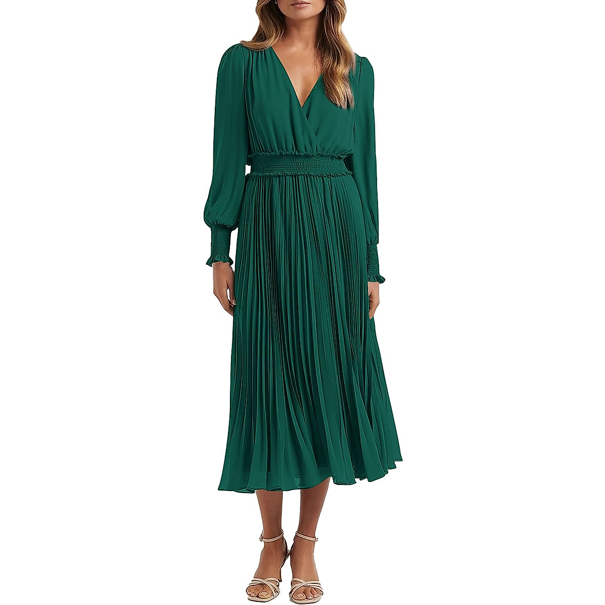 PRETTYGARDEN Women's Midi Long Puff Sleeve Spring Dresses 2024 Smocked Waist Wrap V Neck Flowy Ruffle Pleated Casual Dresses (Dark Green,Medium)