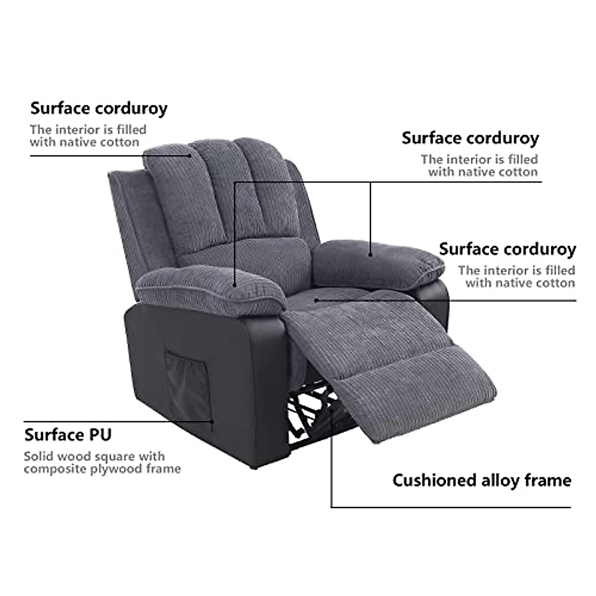 Corduroy + Black pu Ergonomic Electric Flat Sofa with 8-Point Massage and Heating Function, Thickened armrests and backrest Single Sofa Chair for The Elderly, Bedroom, Living Room (Gray)