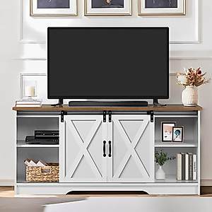 4 EVER WINNER White TV Stand for 65 Inch TV, 58" Farmhouse Entertainment Center with Sliding Barn Doors for Televisions up to 65+ Inch, TV Stand 65 Inch with Adjustable Shelf for Living Room