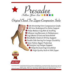 Presadee Original Closed Toe 20-30 mmHg Zipper Compression Calf Leg Socks (S/M, Beige)