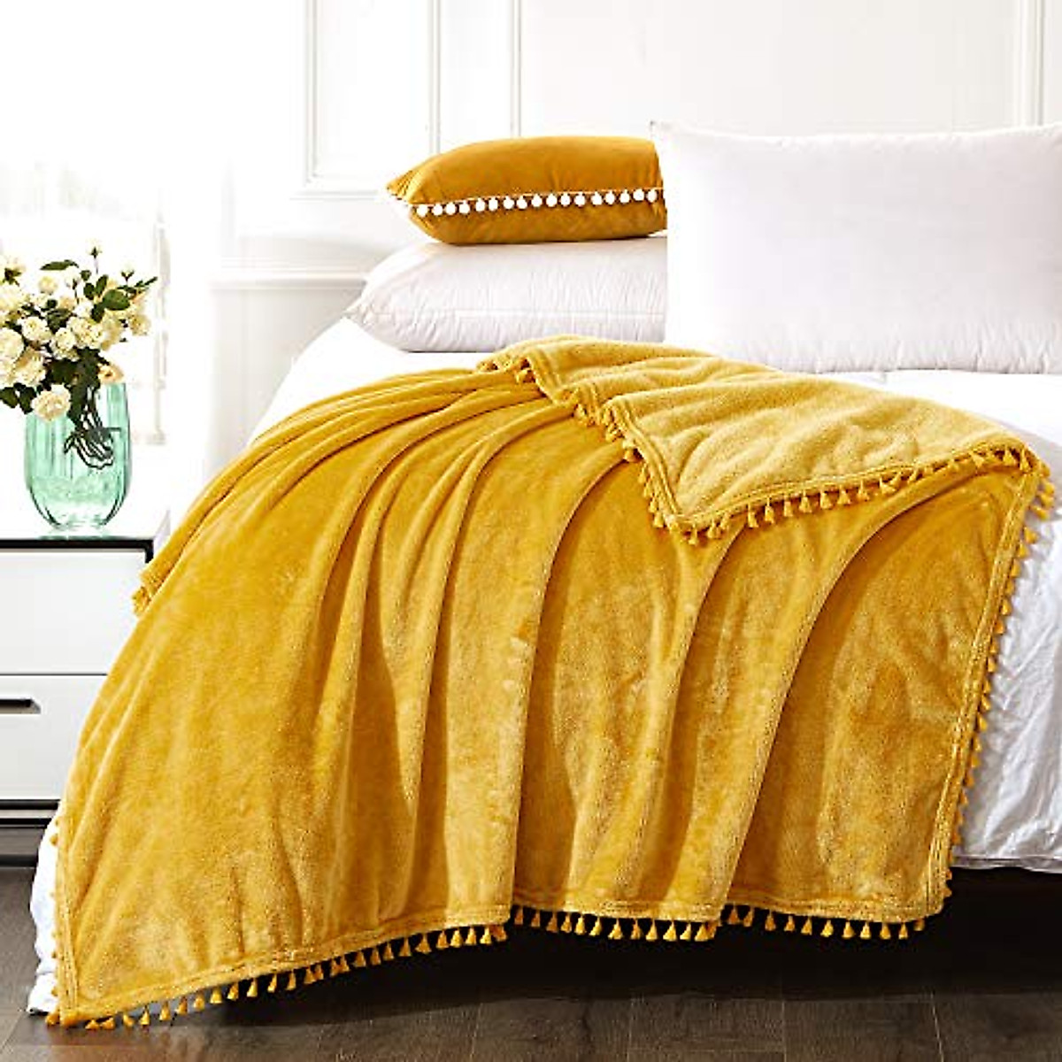 HOMEIDEAS Flannel Fleece Blanket Throw Size with Tassels Fringe - Lightweight Fuzzy Blanket for All Season - Super Soft for Couch Bed Camping Travel (50x60, Mustard Yellow)
