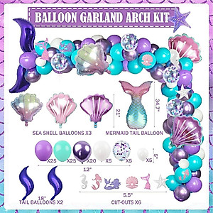 Fiesec Mermaid Birthday Party Decorations, Mermaid Backdrop Balloon Garland Arch Cutout Banner Tablecloth Cake Cupcake Topper Seashell Mermaid Tail Gold Teal Blue Purple 113 PCs