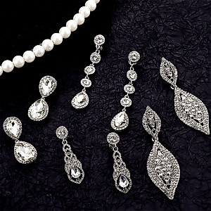 Jstyle 4 Pairs Clip on Earrings for Women Rhinestone Crystal Wedding Earrings Elegant Silver Teardrop Drop Dangle Clip on Earrings for Bride Bridesmaid Non Pierced Earrings Classic Style