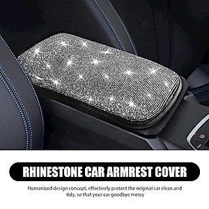 Crynod 1 PC Sparkling Car Armrest Box Protector, 8.66" x 11.81" Rhinestone Studded Stretch Elastic Band Mounted Center Console Cover, General Motors Anti-Scratch Accessory, for Most Cars (Silver)