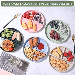 9" Unbreakable Divided Dinner Plate / 5 Wheat Straw Plastic Round Dinner Plates / Colorful Reusable 3 Compartment Dinner Plate / Microwave & Dishwasher Safe, Bpa Free, Child/Adult Separate Plates