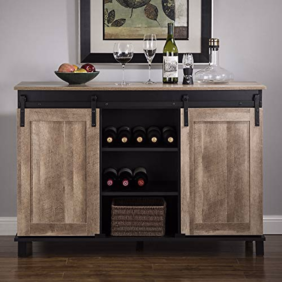 glitzhome Rustic Wine Cabinet with Storage 3-Sections Wood Bar Cabinet with Wine Storage Home Bar Liquor Alcohol Corner Cabinet with Barn Doors Wine Display Sideboard for Kitchen Dining Room, 47.2”L