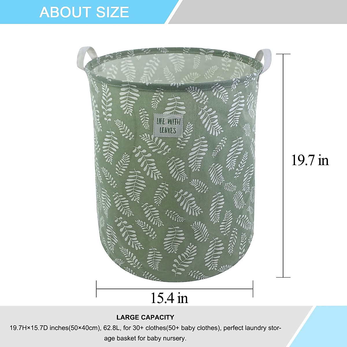 Mziart Large Foldable Laundry Basket Organizer, Collapsible Laundry Hamper Fabric Clothes Toy Storage Basket Nursery Hamper Storage Bin for Household Bedroom, Bathroom, College Dorm (Small White Leaf)