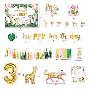 YSHMFEUX Young Wild & Three Birthday Decorations Party Supplies, Wild Three Birthday Decorations for Girl, Jungle Safari Animal 3rd Birthday Decorations Girl, Wild And Three Backdrop Balloons Arch