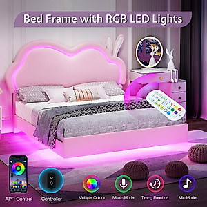 Jocisland LED Twin Bed Frame for Girls Upholstered Floating Bed with Cute Cloud Headboard, No Box Spring Needed, Leather, Pink