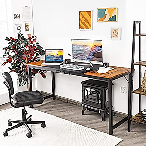 Tangkula 63 Inch Large Home Office Computer Desk, Modern Splice Study Writing Desk w/Heavy Duty Steel Frame, Spacious Conference Desk, Industrial Computer Table Workstation, Easy Assemble