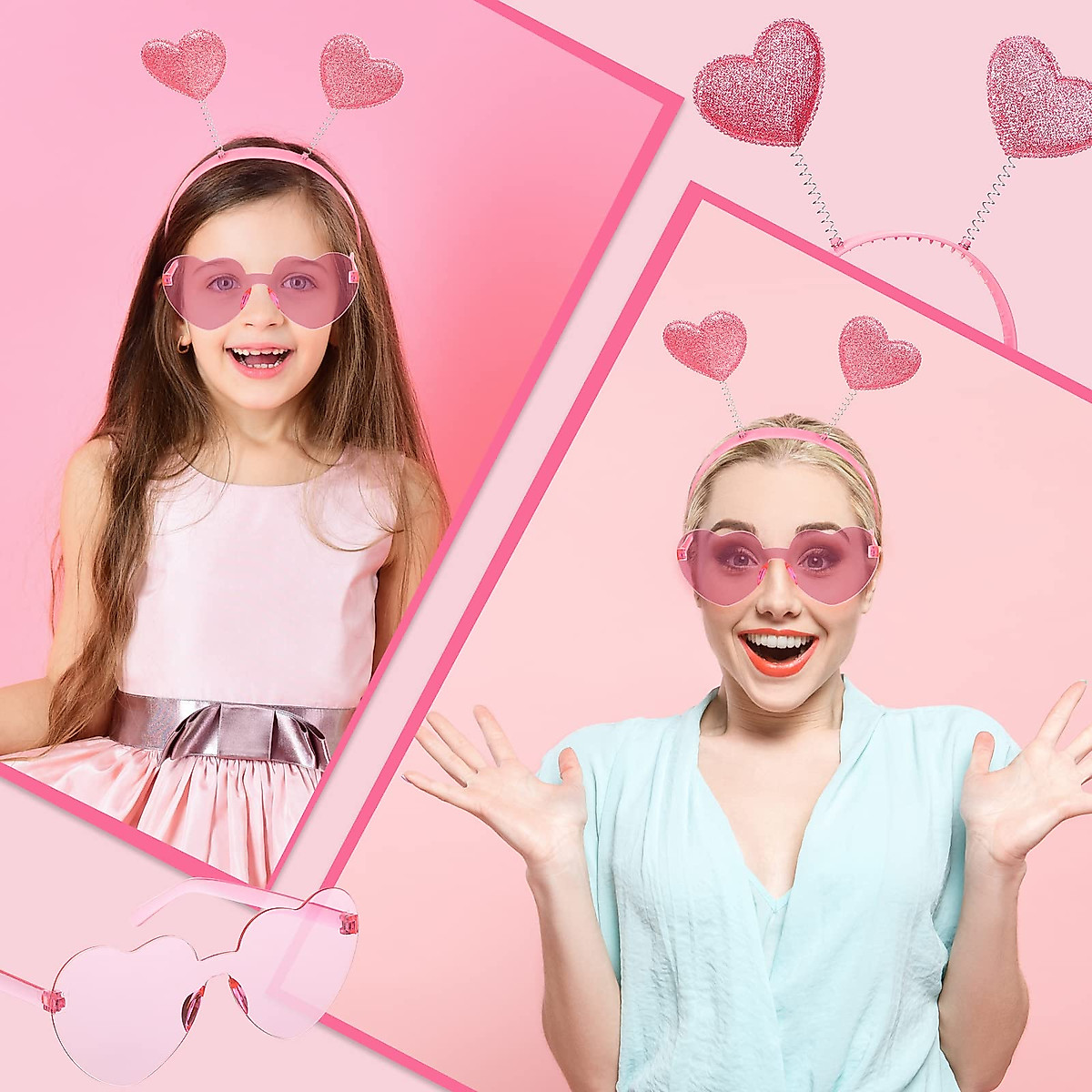 Macarrie 32 Pieces Valentine's Day Heart Headband Heart Sunglasses Heart Glitter Cupid Headband Sequin Headband for Party Props (Pink)