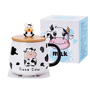 SHENDONG Cute Cow Coffee Mug with Lovely Lid,kawaii coaster and Spoon,Cow Print Stuff Gifts,Ceramic Tea Cup,Kawaii Cow Mugs,Funny 3D Animal Cow Mug,Birthday Gifts for Women, Cow Lovers, Girls Kids