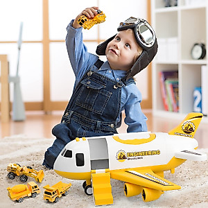 UNIH Toddler Airplane for 2 3 4 5 Year Old Boys & Girls, Kids Toys Plane with Lights and Sounds, Transport Cargo Airplane with 4 Construction Cars