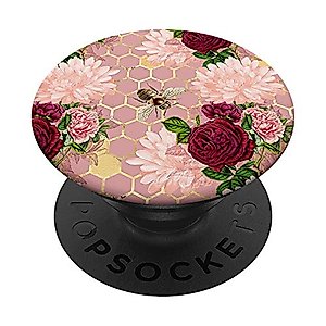 Pink Floral Roses and Honey Bee Geometric Honeycomb Cute PopSockets PopGrip: Swappable Grip for Phones & Tablets