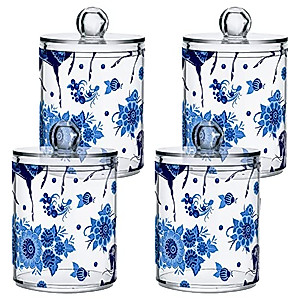WELLDAY Apothecary Jars Bathroom Storage Organizer with Lid - 14 oz Qtip Holder Storage Canister, Blue Horse Floral Clear Plastic Jar for Cotton Swab, Cotton Ball, Floss Picks, Makeup Sponges,Hair Cli