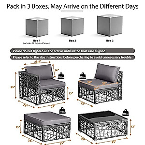 Tangkula 5 Pieces Patio Furniture Set, Patiojoy All Weather Heavy Duty Outdoor PE Rattan Wicker Sectional Cushioned Sofa Set with Tempered Glass Coffee Table and Ottoman for 4, Poolside, Garden (Grey)