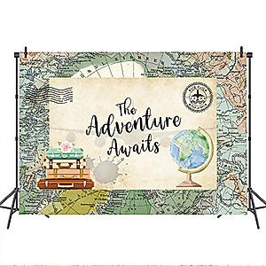 Mocsicka Adventure Awaits Backdrop You'll Go Baby Shower Photo Backdrops World Map Photography Background Vinyl Adventure Begins Travel Airplane Photo Banner (7x5ft)