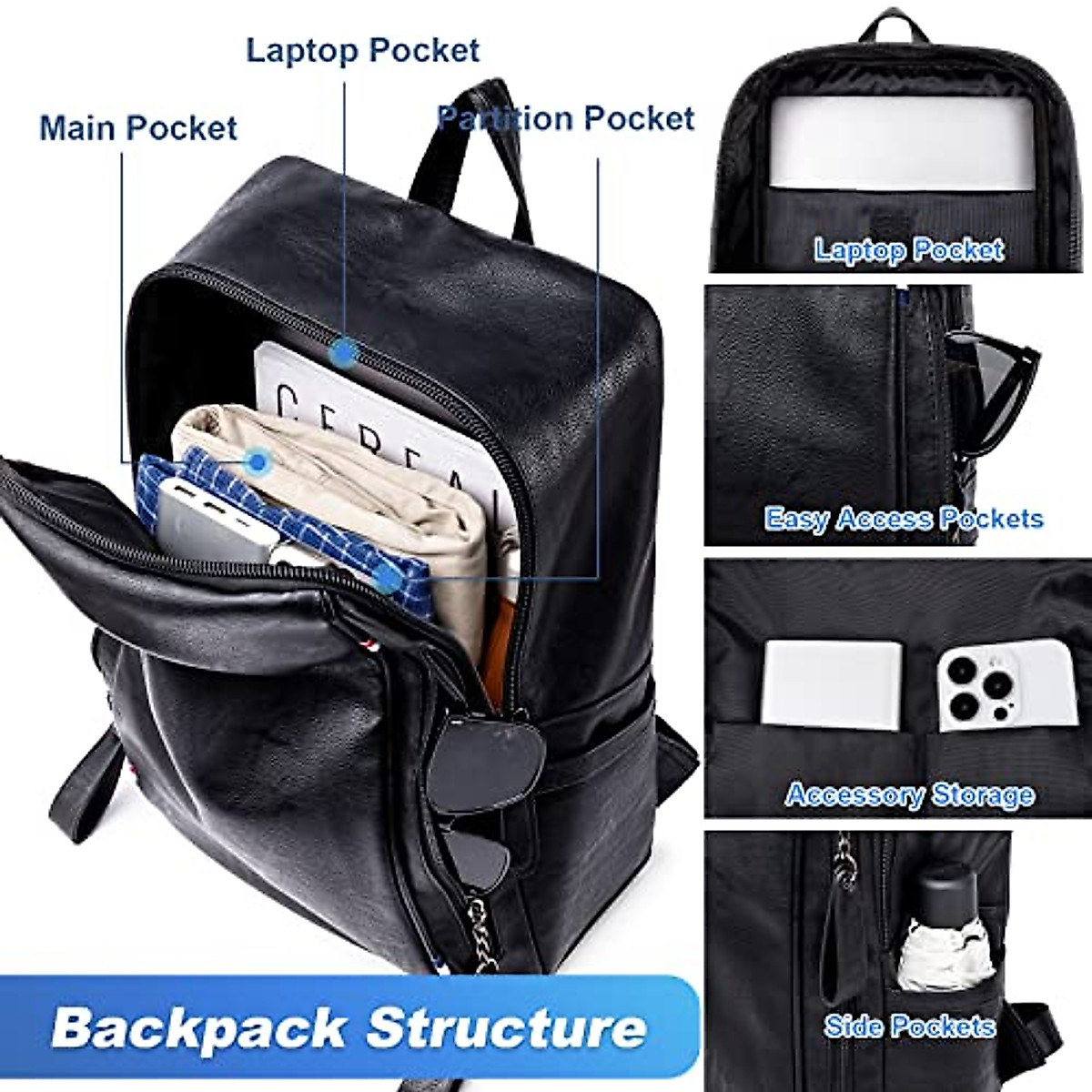 Gooday Laptop Backpack for Men,Waterproof Business Laptop Bag Travel carry on PU leather College Casual Daypack Backpack (2019-2-black)