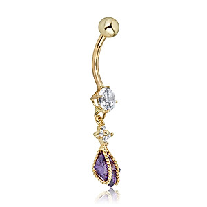 AVORA 10K Yellow Gold Purple Square-cut Simulated Diamond CZ Flower Dangling Belly Button Ring Body Jewelry (14 Gauge)
