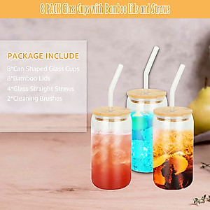 ABuff 8 Pcs Can Shaped Glass Cups with Lids and Straws 16 Oz Beer Can Glass cups Iced coffee cups with Bamboo lids and straws, Mason Glass Tumbler for Soda Smoothie Boba Cocktail - with 2 Brushes