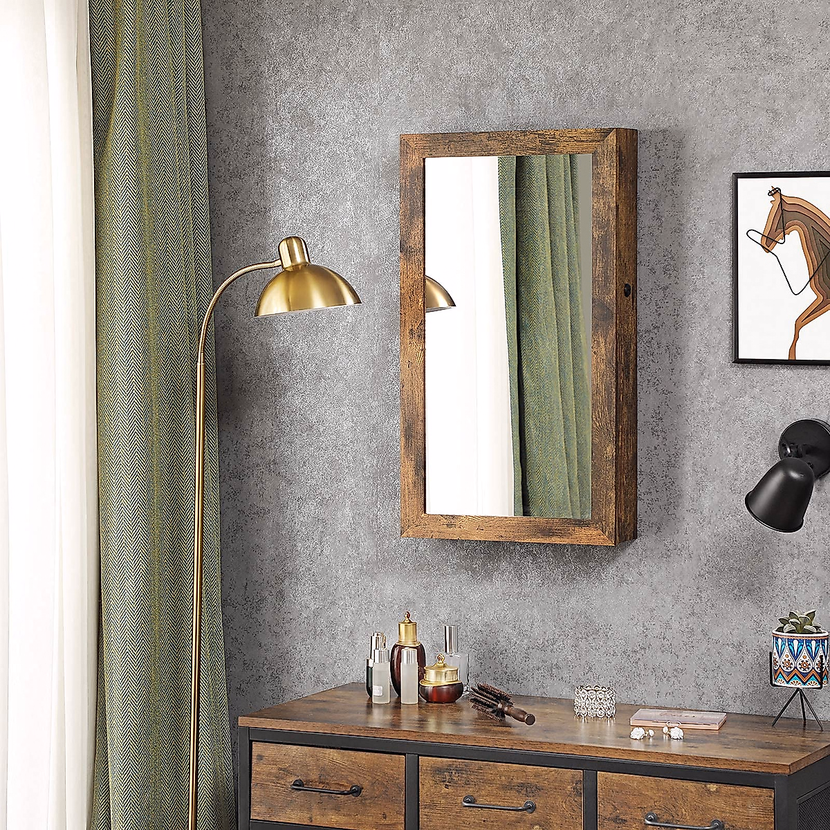 SONGMICS Lockable Jewelry Cabinet Armoire with Mirror, Wall-Mounted Space Saving Jewelry Storage Organizer, Rustic Brown UJJC051K01