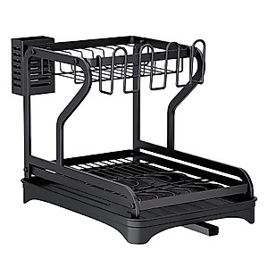 LIMORUNS 2 Tier Dish Rack Dish Drying Rack with Drainboard, Dish Drainer Rack with Utensils, Rustproof Large Black Dish Holders for Kitchen Counter Escurridor De Platos para Fregadero Father's Gift