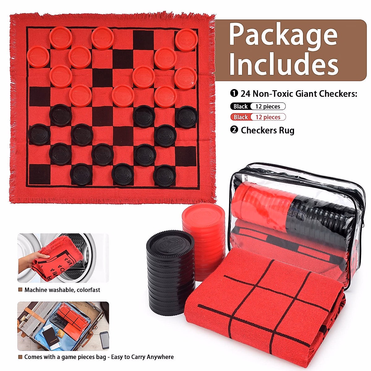 Giant Checkers Board Games, 3 in 1 Tic Tac Toe Board Game with 24 Checker Pieces Reversible Rug - Indoor and Outdoor Games for Family & Party -Gift Ideas for Teen Boys, Kids, Adults