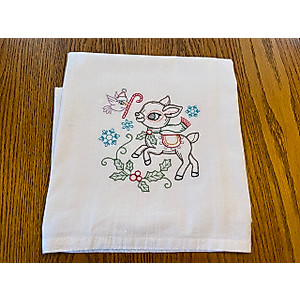 Christmas embroidered flour sack tea towel, Christmas reindeer, vintage pattern, 1 in set of 7 designs, machine embroidery