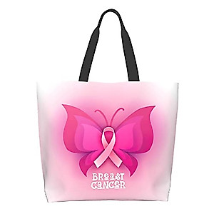 Ribbon Butterfly Breast Cancer Awareness Tote Bag For Women,Womens Tote Bags,Waterproof Tote Purse for Teacher,Gym,Work,School with interior Pocket