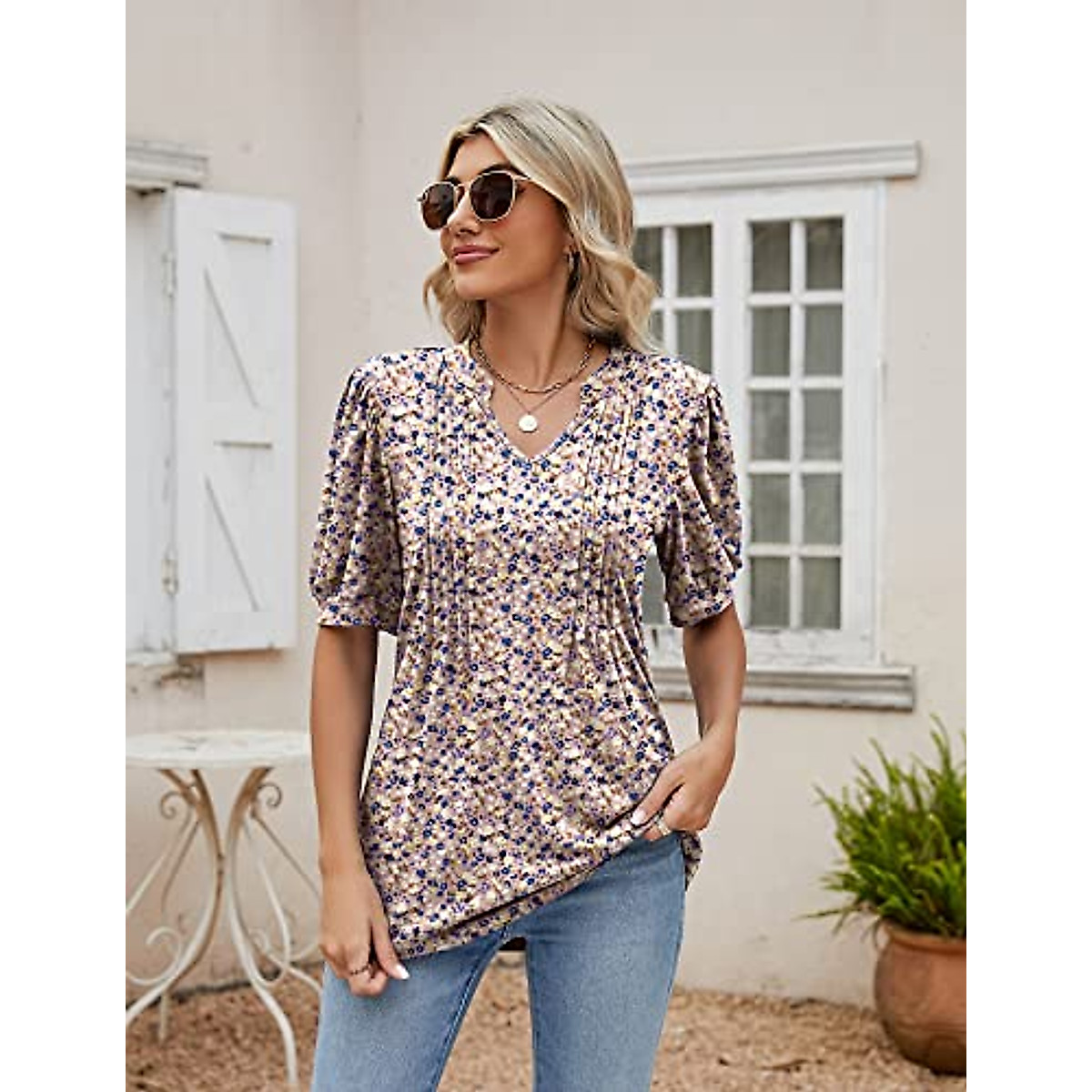 Womens V Neck Shirts Short Sleeve Summer Tops Puff Pleated Casual Tunic Blouses Floral Pink XXL