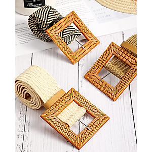 3 Pieces Straw Woven Belt Elastic Stretch Belt Boho Waist Belt Skinny Dress Braided Belt Wooden Buckle for Women