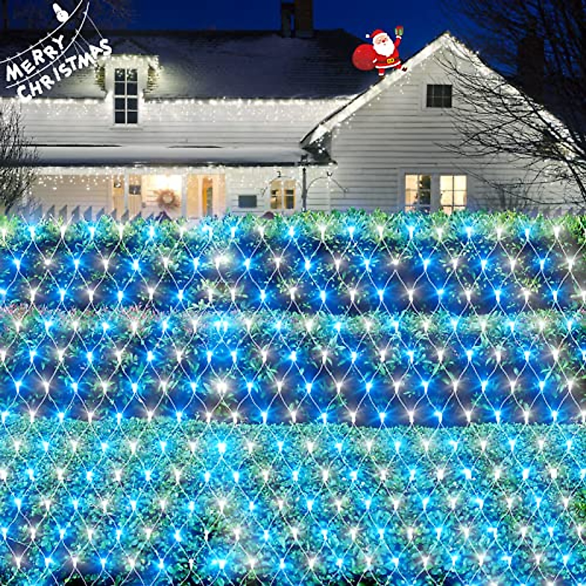 Net Lights Outdoor Christmas Net String Lights Plug in 9.8ft x 6.6ft Connectable Mesh Fairy Light 200 LEDs Waterproof Garden Tree Lights 8 Modes with Remote for Yard Fence Gazebo Decor(White+Blue)