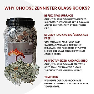 Z Zennister Fire Pit Glass Rocks,  High Luster, 1/2" Reflective Tempered Fire Glass in Silver, 10 Pound Jar  for Natural or Propane Fireplace, Crushed Glass Stones for Firepit, Garden or Patio