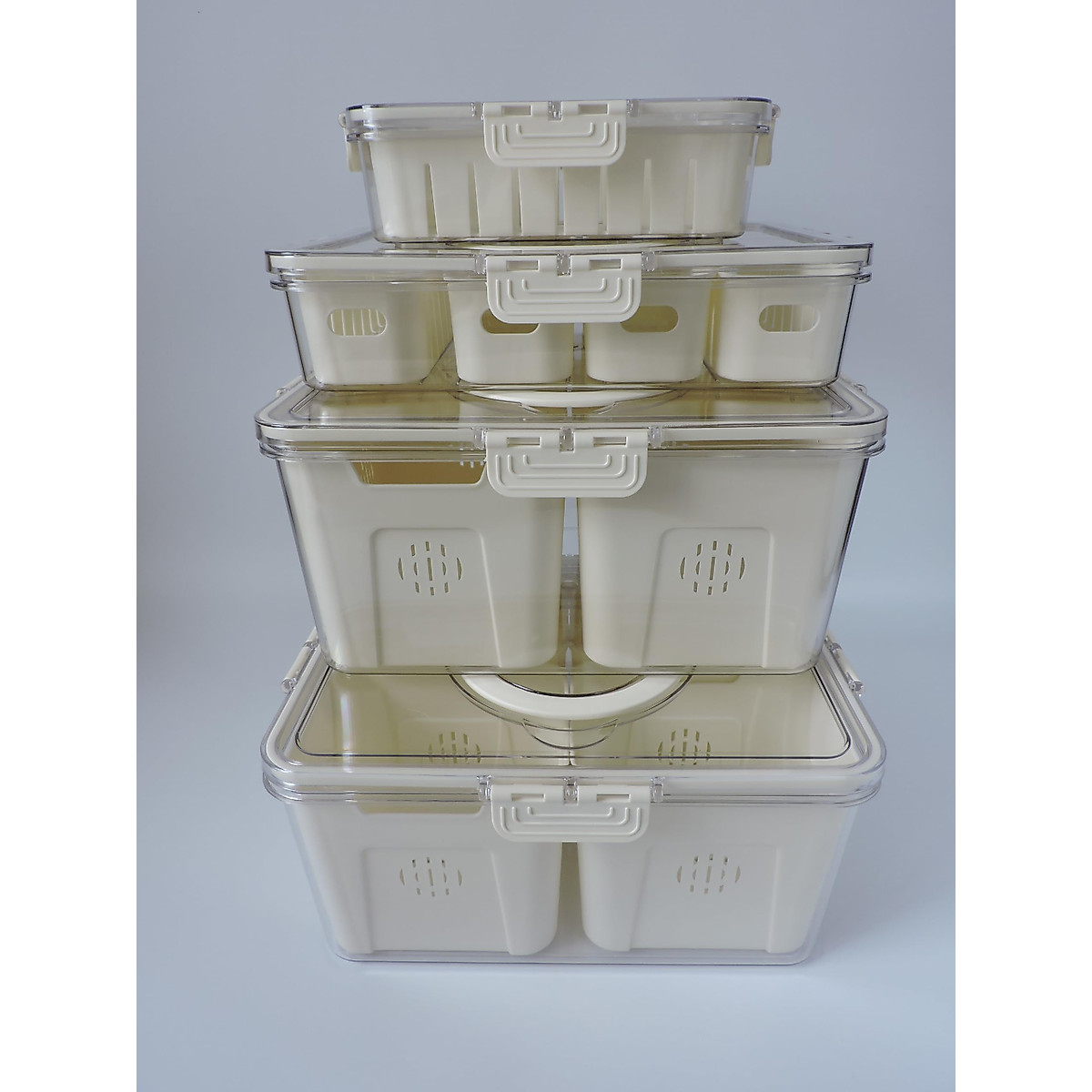 LEEHEZLY Food Storage Container for Fridge, Portable White Plastic BPA-free Box, Divided Serving Tray with Lids and Handle, Keep Fruits and Vegetables Fresh with 4 Removable Colanders (Short)