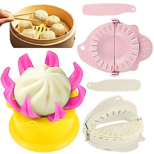 5 Pieces Bun Maker Bun Dumpling Maker Steam Filled Plastic Mold and Filling Spoon Cooking Tool Set for Kids Learning to Make Delicious Bun and Dumplings(Yellow, Pink, Beige)