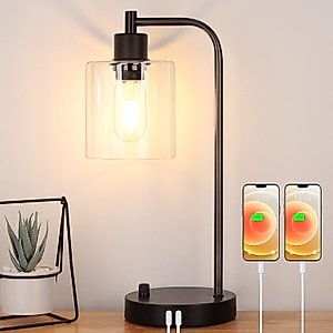 Industrial Table Lamp with 2 USB Charging Ports, Fully Stepless Dimmable Modern Nightstand Lamp, Glass Shade Bedside Desk Lamp for Bedroom Living Room Office, 6W 2700K LED Edison Bulb Included