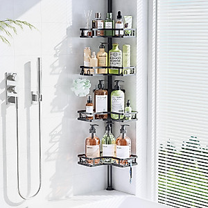 HEVEL Corner Shower Caddy Tension Pole, 4 Tier Adjustable Shower Organizer Corner 62-115 Inch, Rustproof Bathroom Corner Shower Shelves for Bathtub Storage