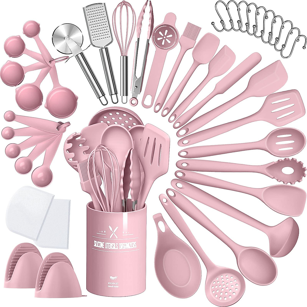 Silicone Cooking Kitchen Utensil Set, AIKKIL 43 Pcs Pink Cooking Utensils Set, Turner, Tongs, Spoon, Spatula, Kitchen Gadgets Tools Set For Nonstick Cookware, Heat Resistant (Dishwasher, BPA Free)