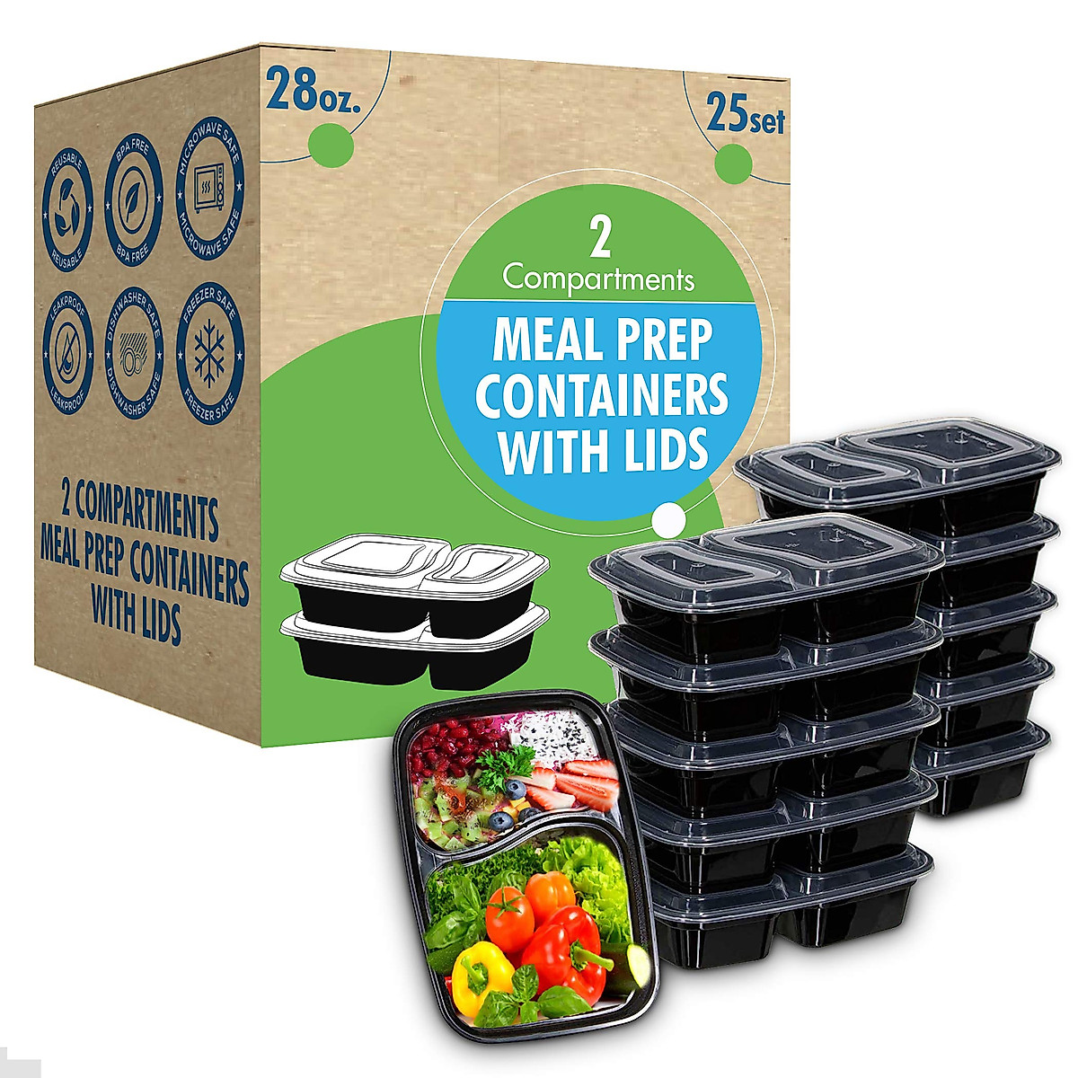 Meal Prep Container Reusable 2 Compartment With Lids 28oz (25 Sets)- Food Prep Containers, Food Storage Bento Box | Stackable | Microwave | Dishwasher | Freezer Safe.