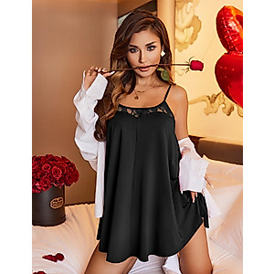 Ekouaer Women Lingerie Sleepwear Chemises V-Neck Full Slip Babydoll Nightgown Dress,24-black,X-Large