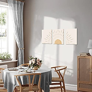 Boho Wall Art Set of 3, Framed Canvas Wall Art Yellow Sun Rising on the Horizon Geometric Nature Illustrations Line Art Wall, Mid-Century Modern Prints Boho Sun Wall Decor for Living Room, Bedroom, Bathroom, Office, 12"x16" Natural