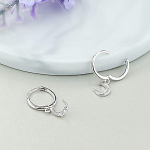 Milacolato 2Pairs 925 Sterling Silver Huggie Hoop Earrings 18K White Gold Plated Small Dangle Earrings with Cubic Zirconia Moon Star Hypaollergenic Drop Hoop Earrings for Women-2 Pairs Moon Star